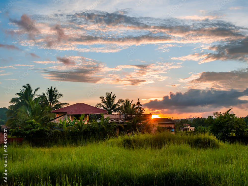 Traditional Indian village house surrounded by green grass and ...