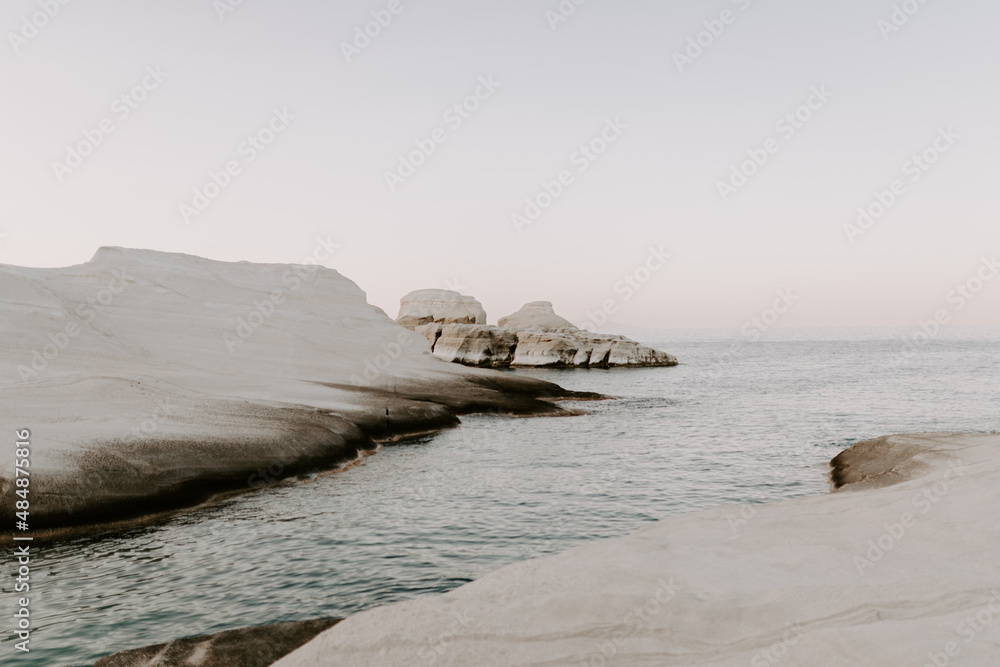 The sandstone white rocks cliffs moonscape of Sarakiniki volcanic beach ...