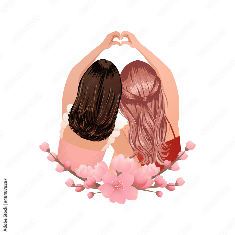 Two girl best friend make a heart sign gesture. Sister for life concept ...