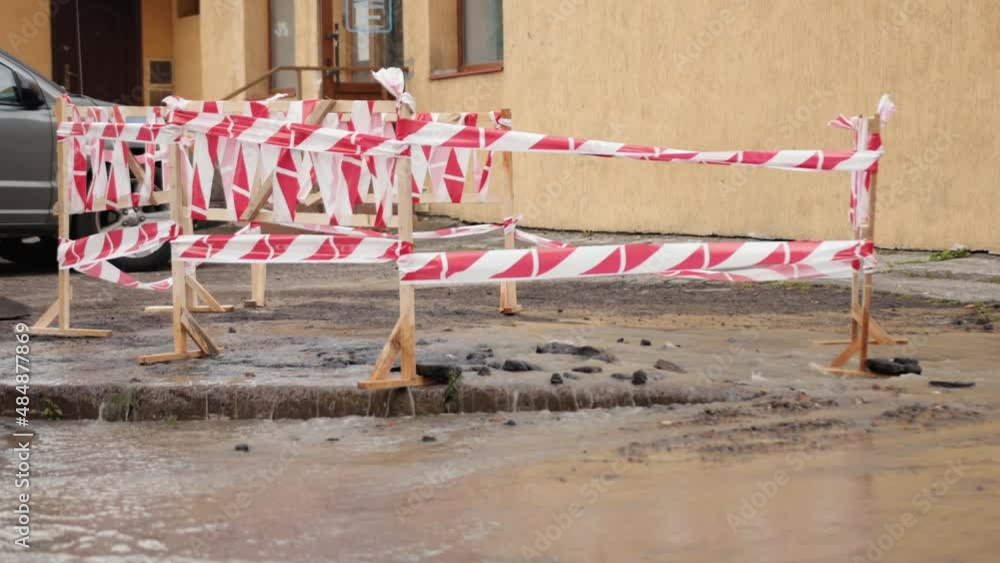 Flood, hydro drop, broken leaking hose pipe of industrial water pump ...