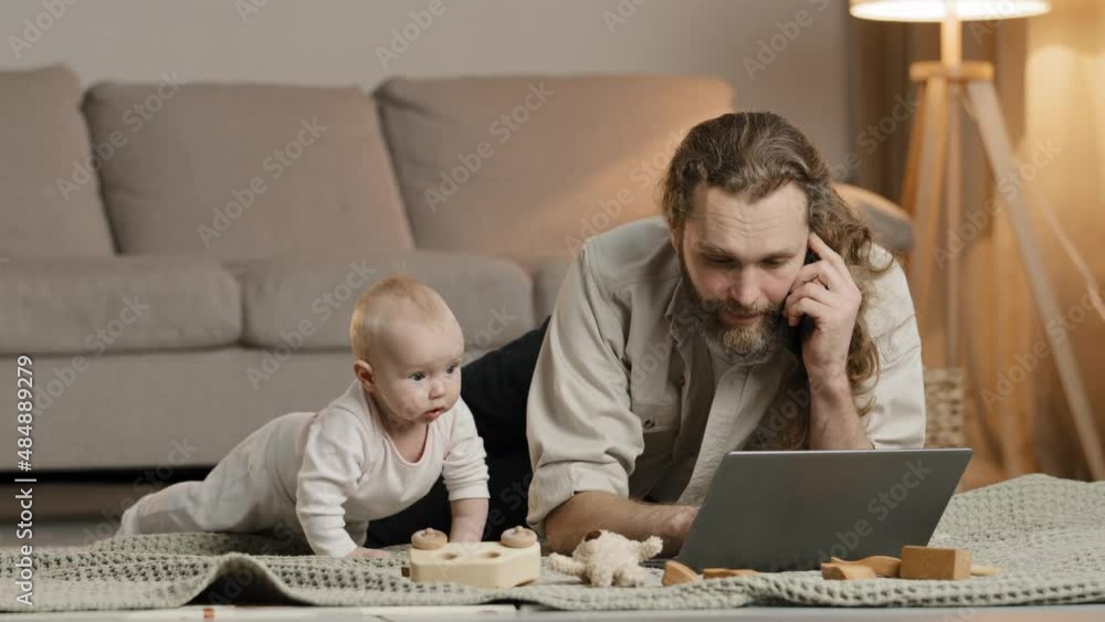 Single father adult stressed business man multitasking dad lying on ...