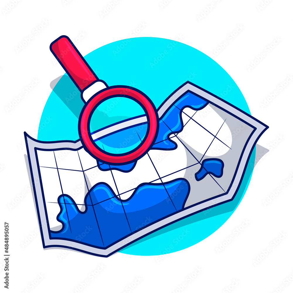 Magnifying glass and map clipart with colored hand drawn outline style ...