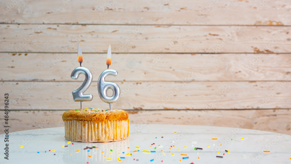 Happy birthday greetings for 26 years old from silver numbers against ...