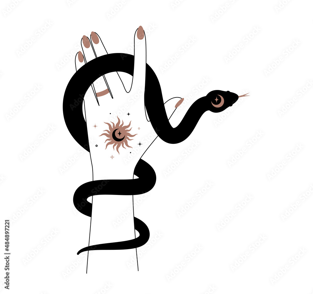 Magic hand and celestial snake outline style. Spiritual elegant symbol ...