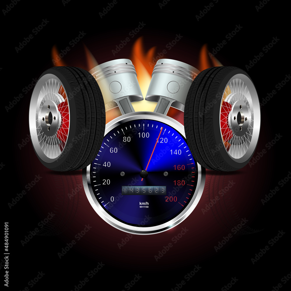 Realistic 3D vector, racing background, speedometer with pistons and ...