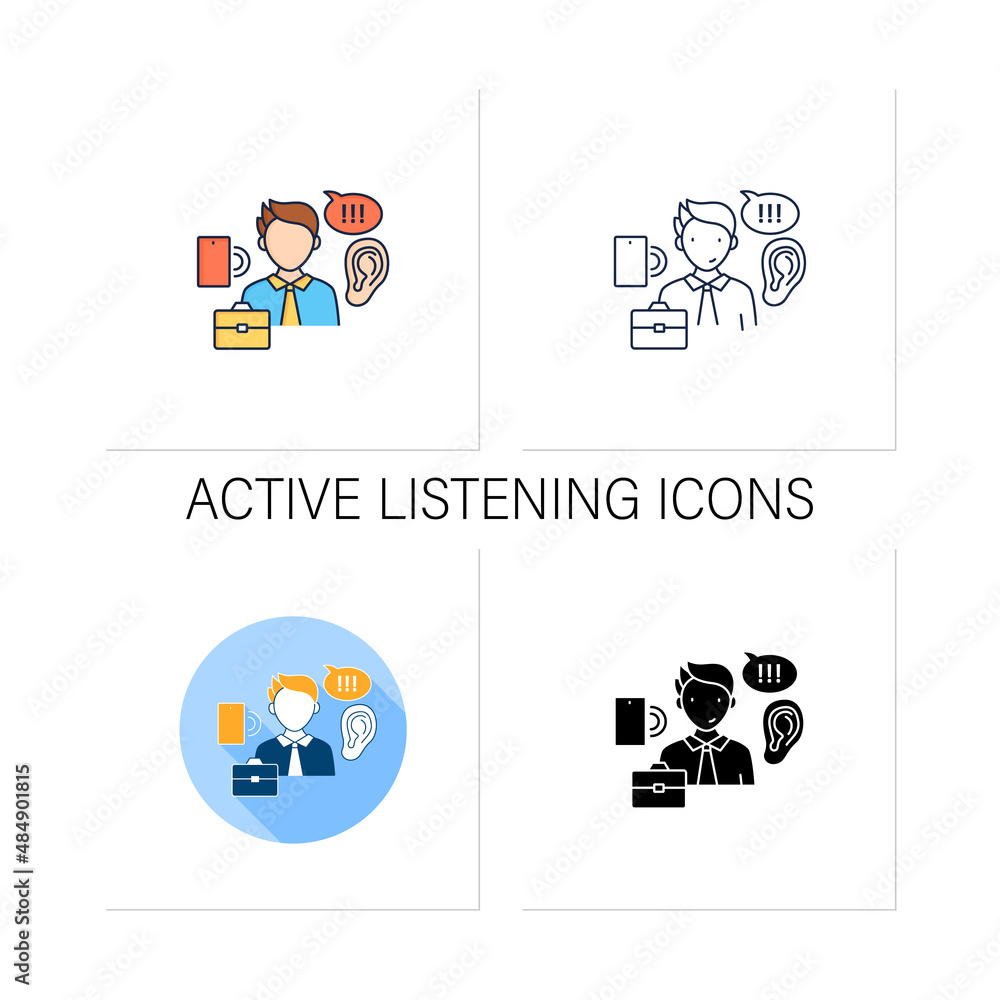 Active listening icons set. Attentive hearing. Focus completely on the ...