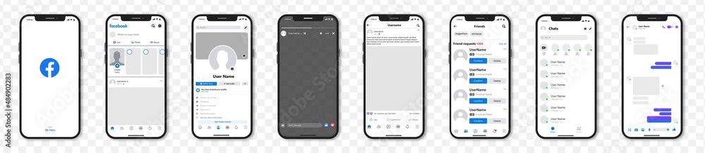 Facebook interface template set. Realistic facebook, Messanger ...