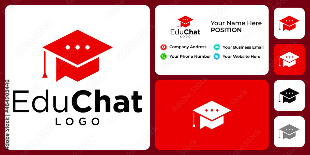 Chat icon and academic hat logo design with business card template ...