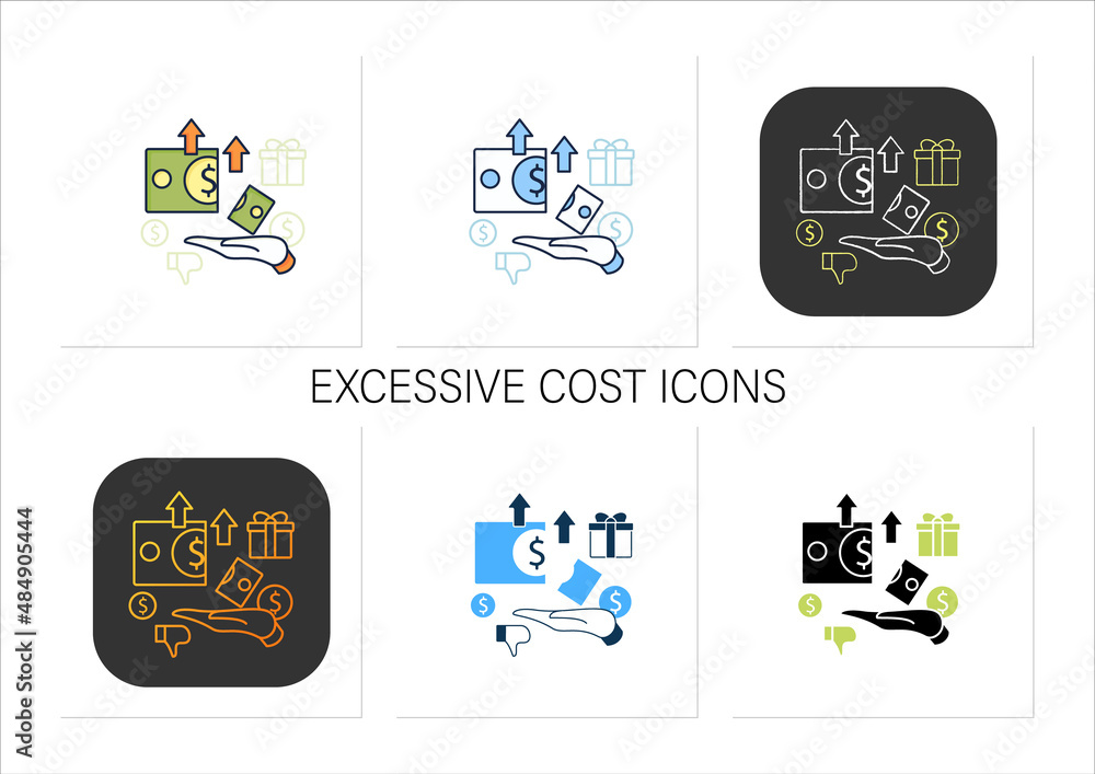 Excessive cost icons set. Increasing product costs. Hand hold money ...