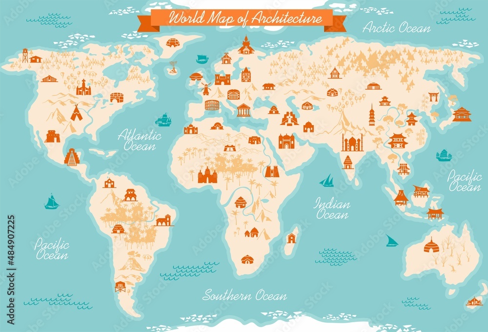 World map of architecture with simple icon and line illustration of ...