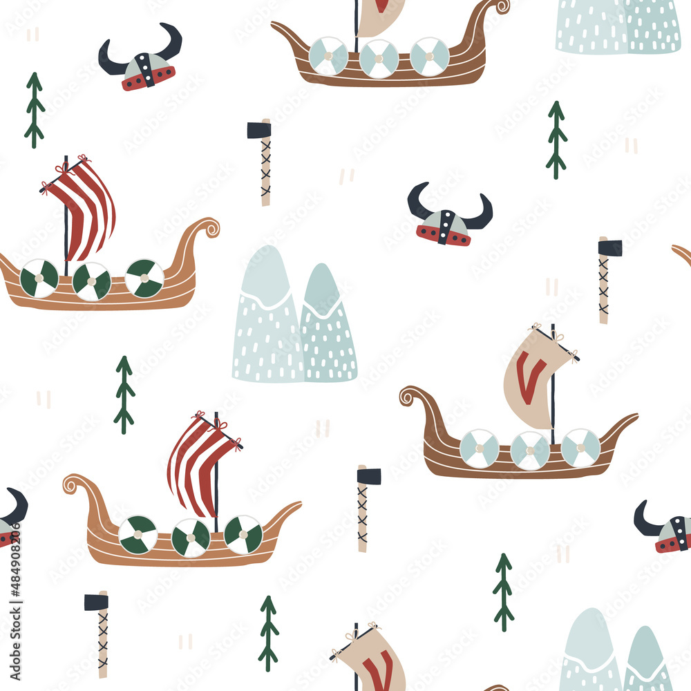 Seamless pattern with Viking ships. Kids print. Vector hand drawn ...