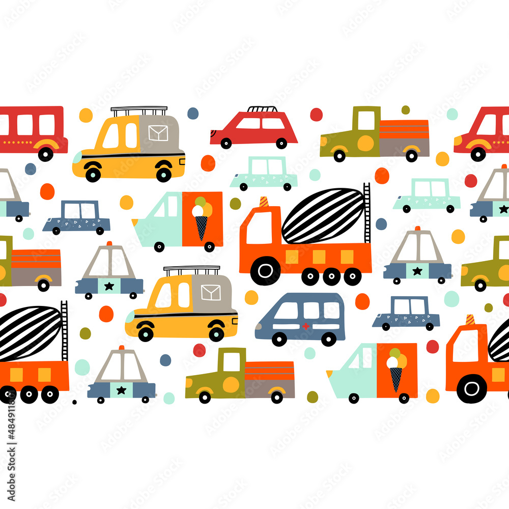 Cute kids seamless horizontal border with cars on a white background ...