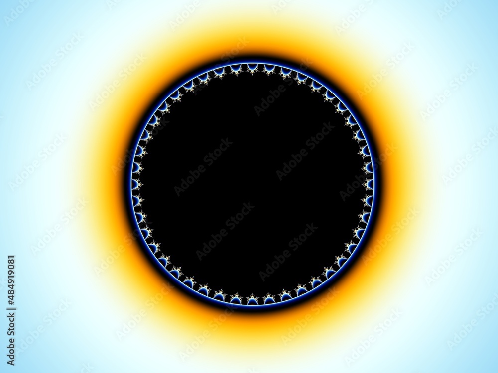Round fractal frame in yellow rays on a soft blue background. Rendering ...