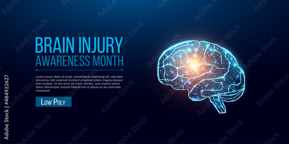 Brain injury awareness month concept with glowing low poly brain ...