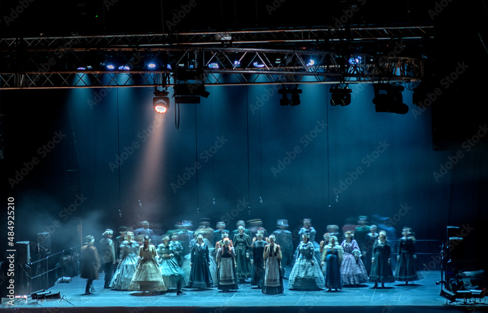 Classical ballet on stage of Theater. Ballet dancers on stage dance ...