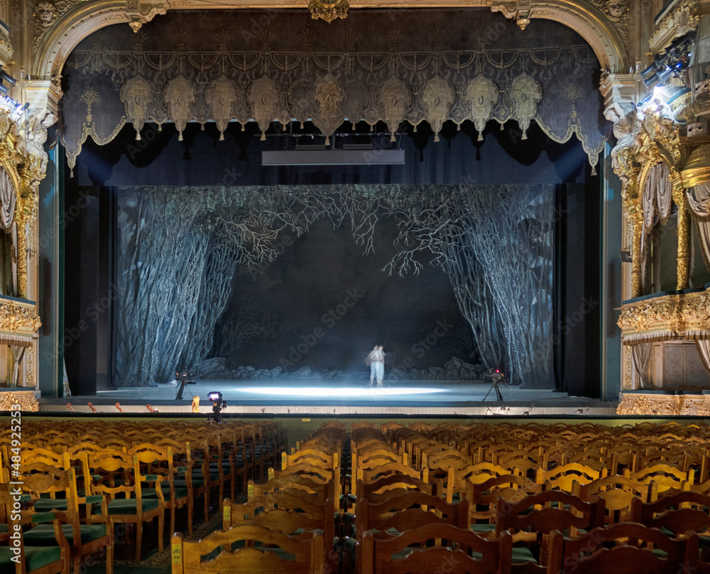 Classical ballet on stage of Theater. Ballet dancers on stage dance ...