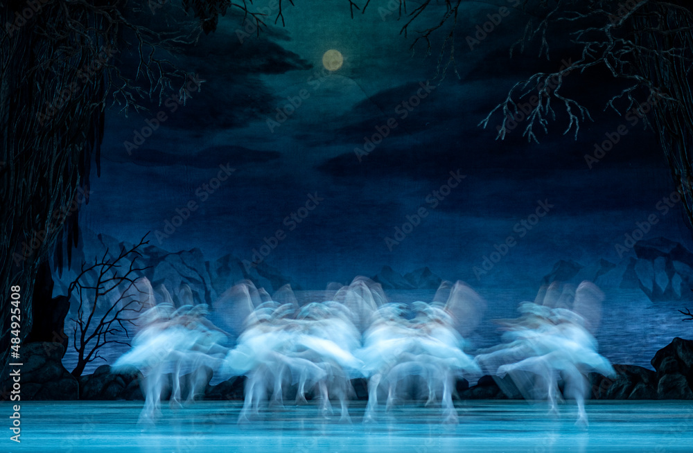 Foto de Classical ballet on stage of Theater. Ballet dancers on stage ...