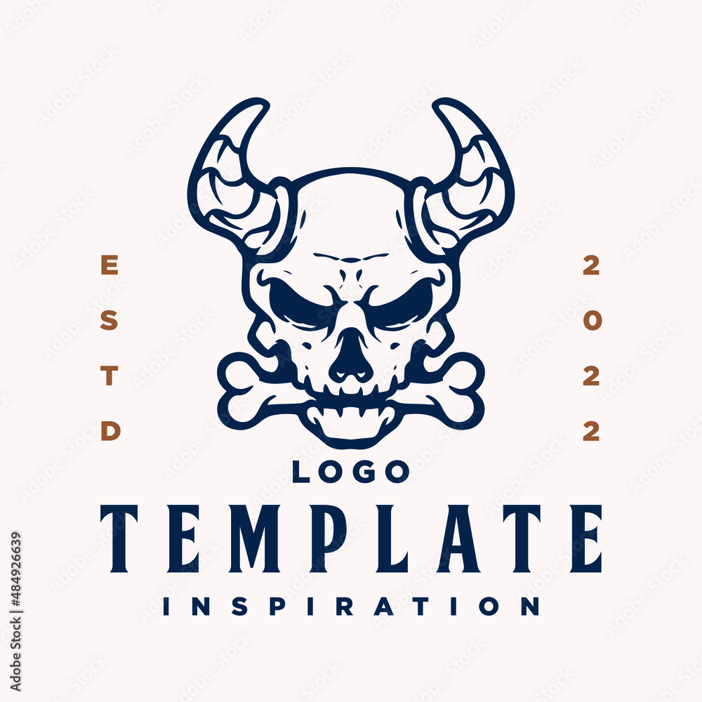Emblem, Logo template with horned human skull head. Monochrome design ...