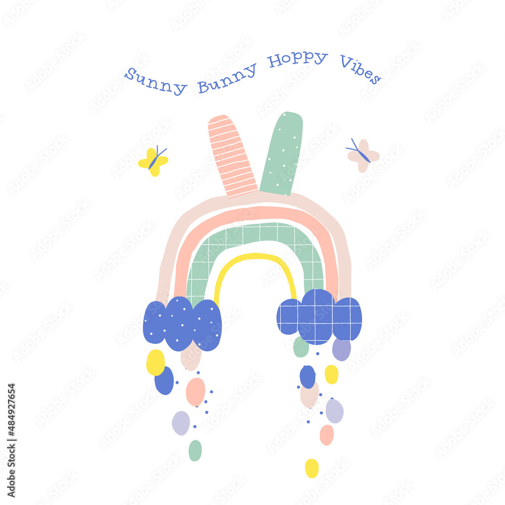 Bunny rainbow with clouds rain butterfly vector illustration isolated ...