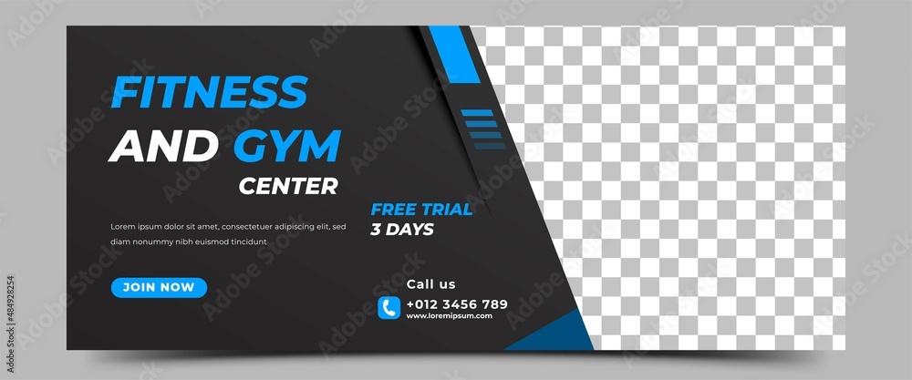 Gym, fitness, and sports horizontal banner template design. A dark ...