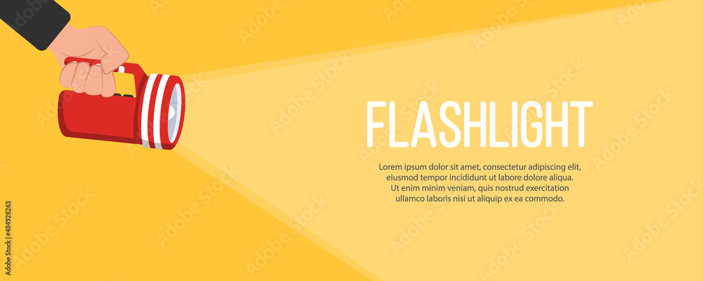 Flashlight icon for advertising and text. Hand with holding flashlight ...