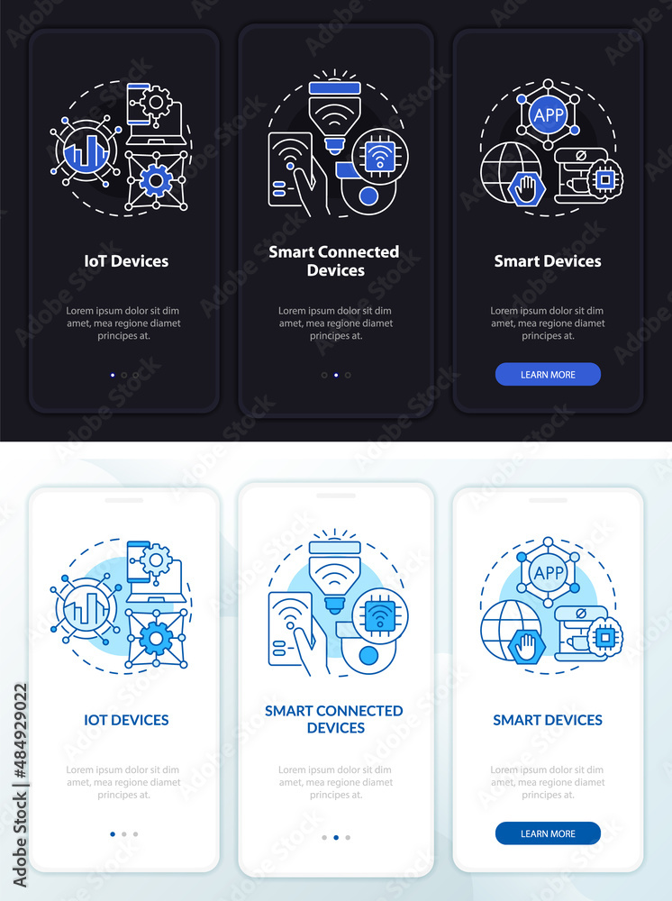 Smart tech products night and day mode onboarding mobile app screen ...