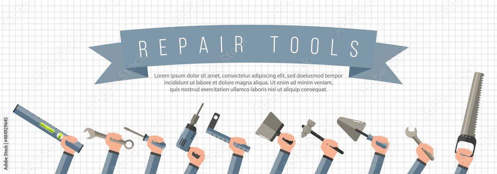 Human hands hold working repair tools with construction and renovation ...