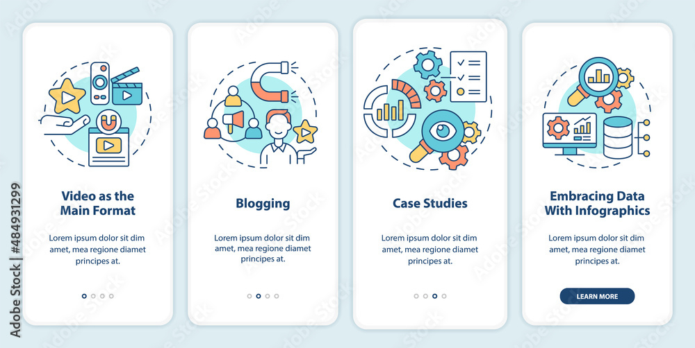 Content marketing trends onboarding mobile app screen. Channels ...