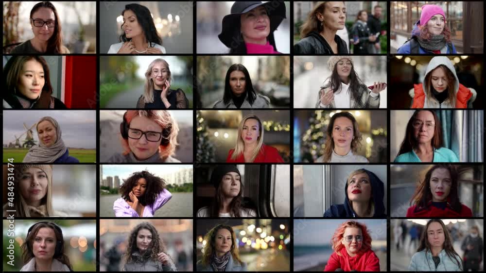 Collage portraits of women of different ages and ethnicity. Multiscreen ...