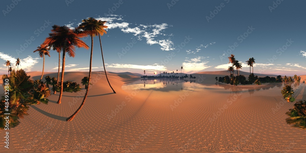 Oasis at sunset in a sandy desert. Environment map. HDRI . equidistant ...