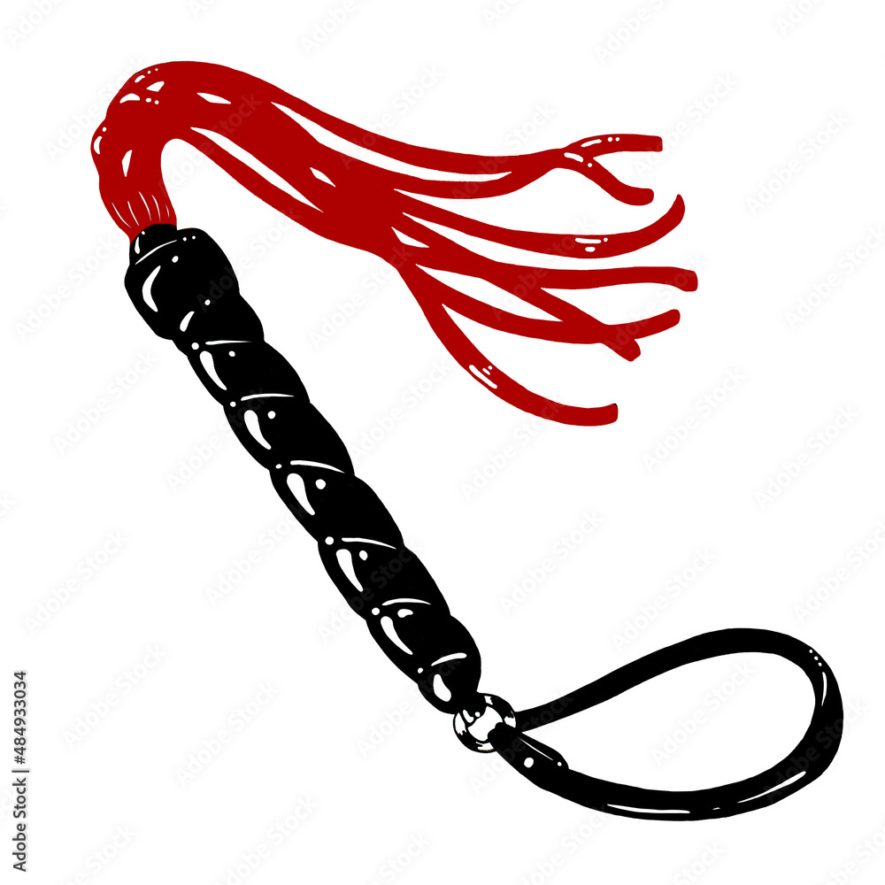 BDSM hand drawn flogger whip. Isolated on white background. Black and ...