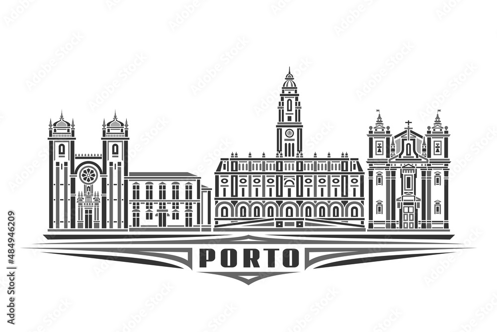 Vector illustration of Porto, monochrome horizontal poster with linear ...