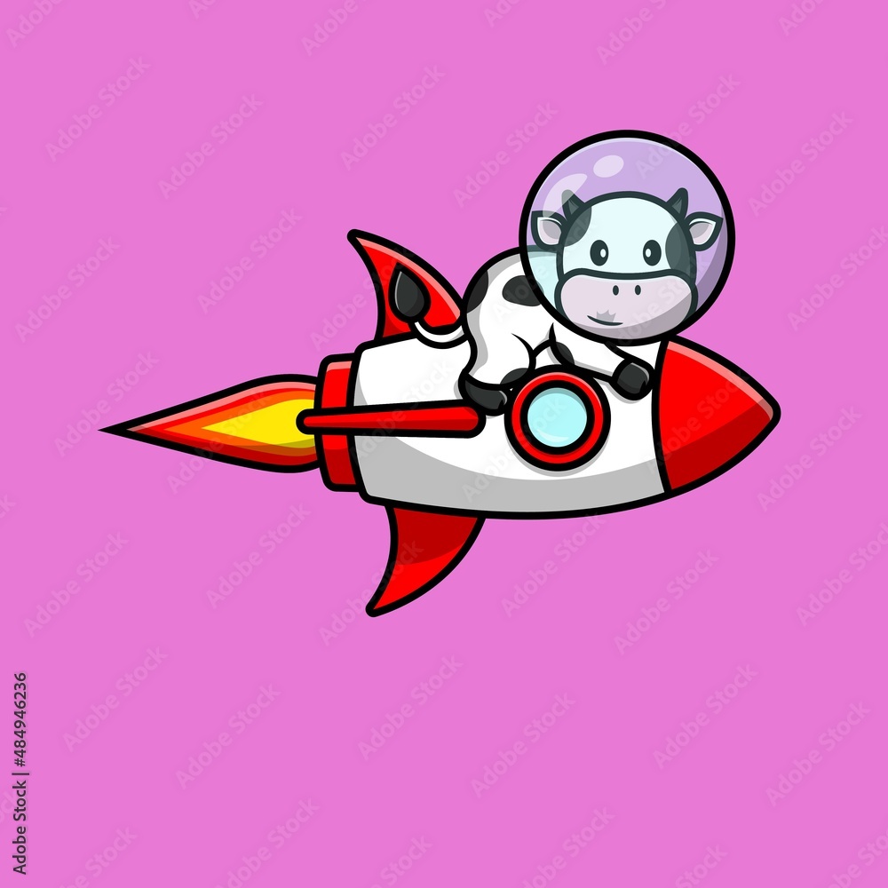 Vektorová grafika „Cute Cow Riding Rocket Cartoon Vector Icon ...