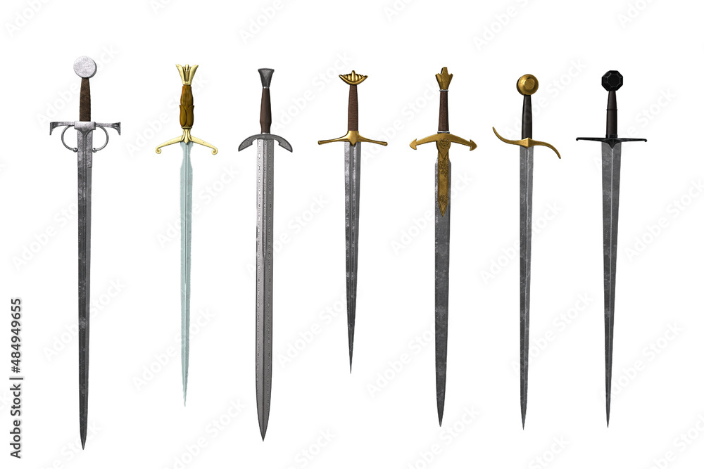 Collection of medieval fantasy swords. 3D rendering isolated on white ...