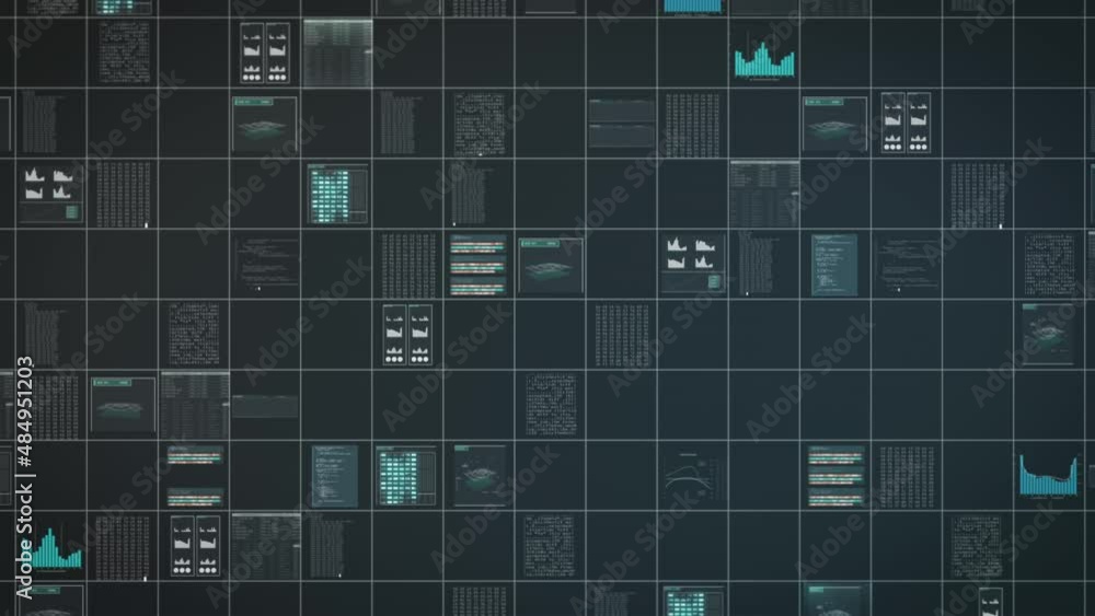 Individual tiles of a computer system screen showing code, graphs and ...