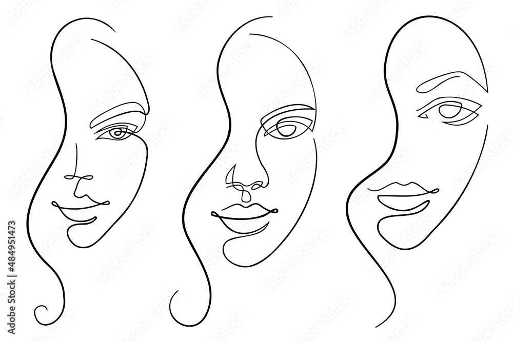 Outline woman face illustration set. Collection of line art female ...
