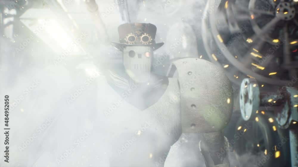 A vintage robot strides past ancient working sparkling mechanisms and ...