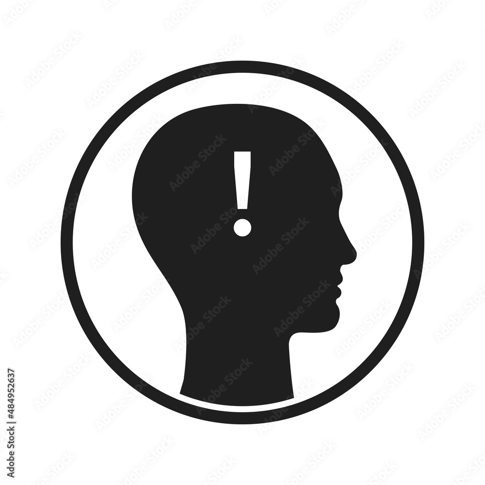 Circle icon of silhouette human profile with exclamation mark in head ...