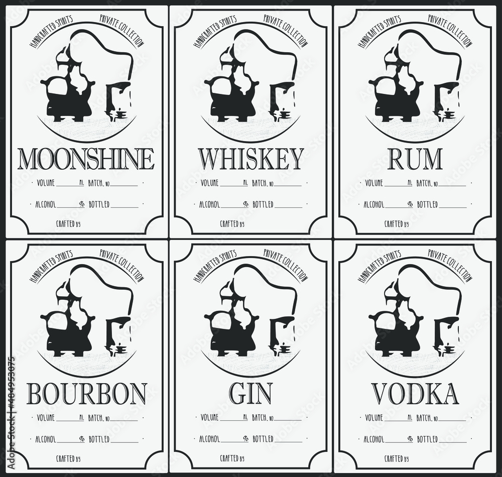 Alcohol template vector illustration. Moonshine, Whiskey, Rum, Bourbone ...