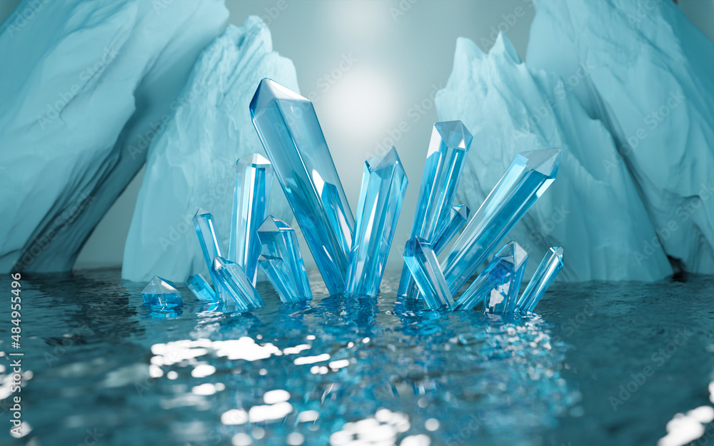 3D realistic crystal stone podium on water background. Empty pedestal ...