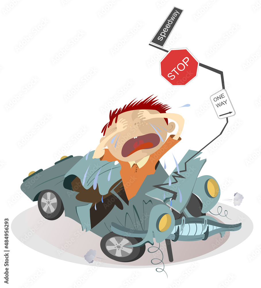 Road accident and sobbing man in the crashed car illustration. Upset ...