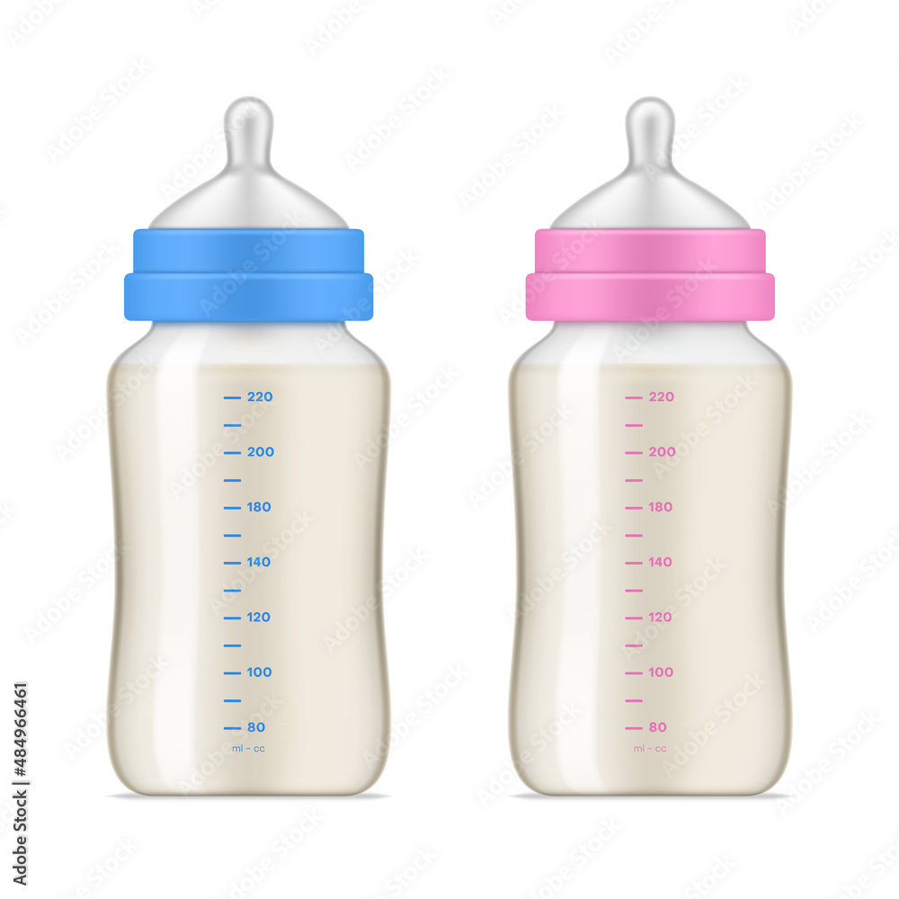 Realistic infant formula bottles set vector baby bottle for boy and ...