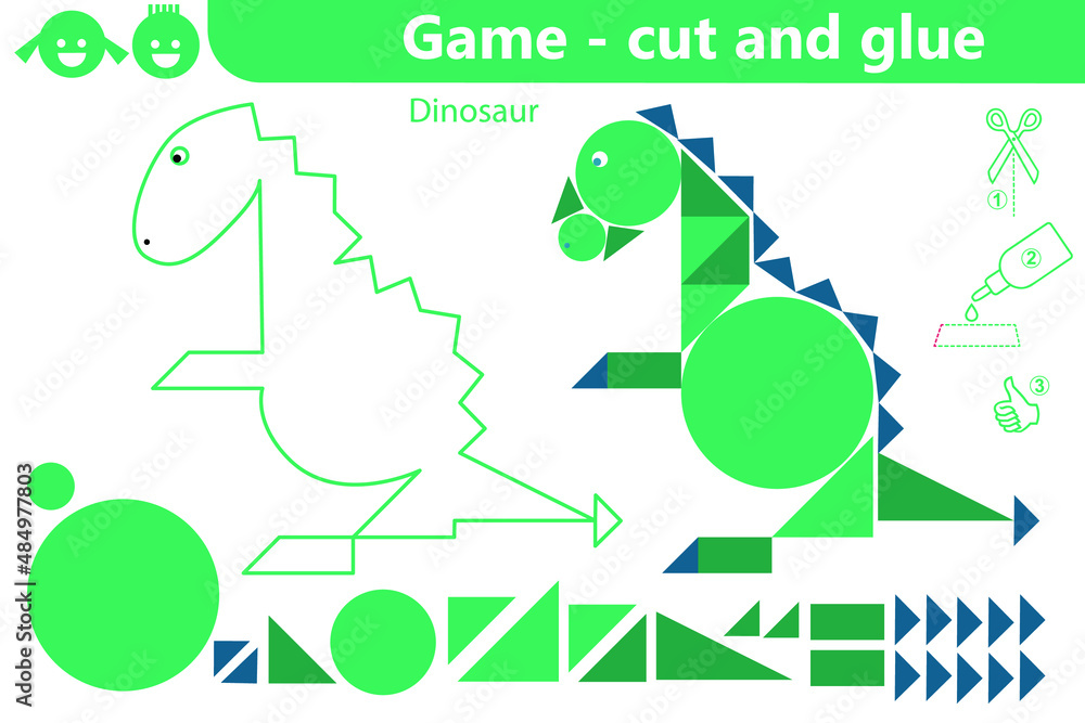 Dinosaur. Game - cut and glue. Educational math puzzle game for kids ...
