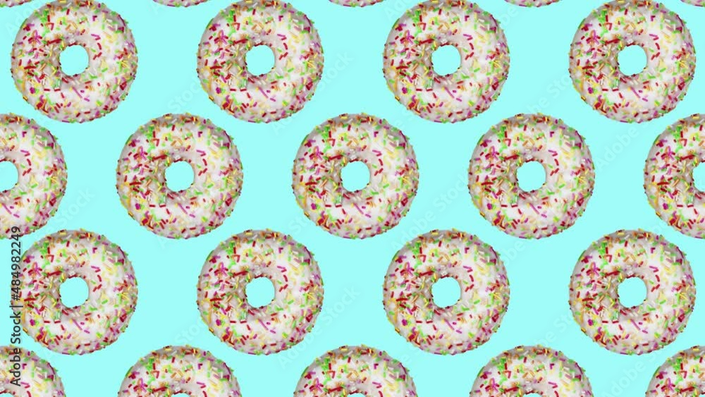 Tasty donuts rotating and moving down at cyan background. Abstract ...