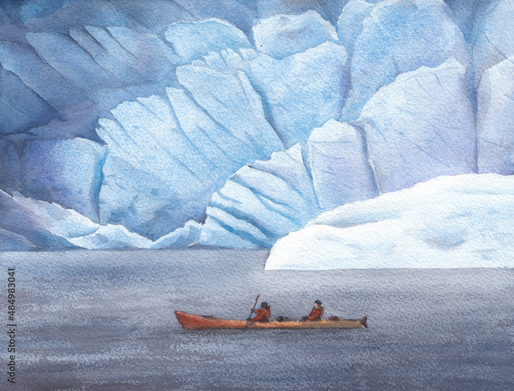 Kayak in the northern sea among the ice. Watercolor drawing. Travelers ...