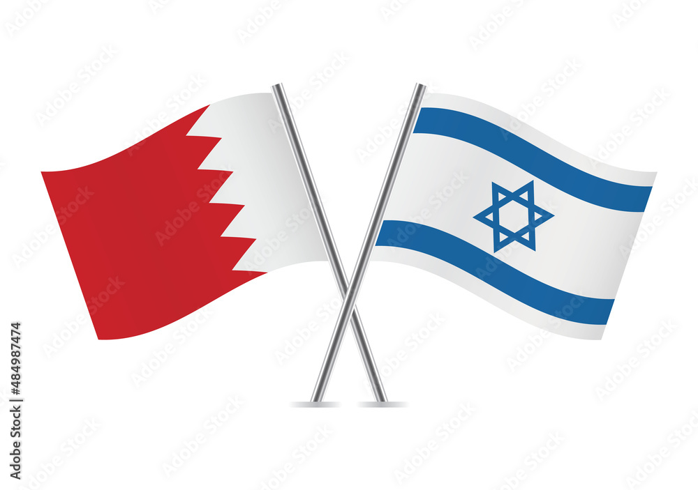 Bahrain and Israel crossed flags. Bahraini and Israeli flags, isolated ...