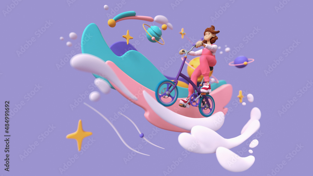 Kawaii funny girl wears pink overalls rides bicycle up on white clouds ...