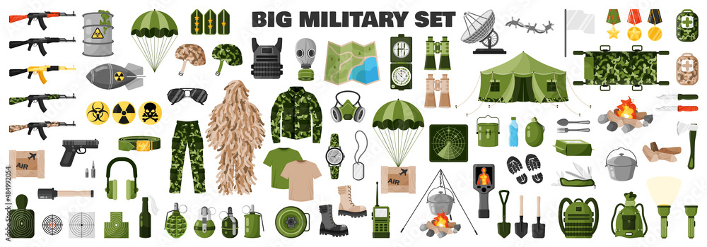 Big green military set with soldier uniform, khaki camouflage, army ...