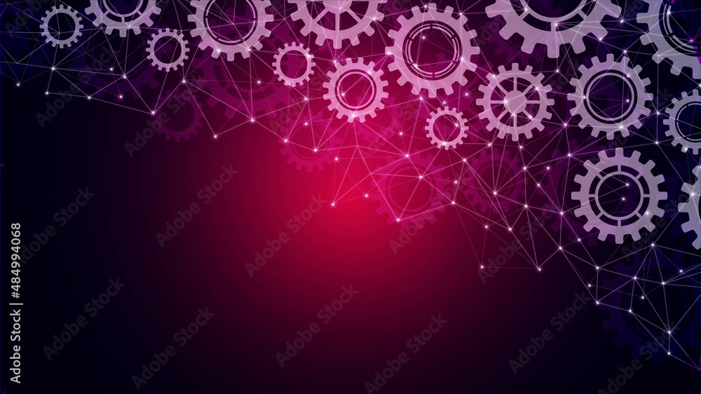 Vector glowing neon background. Design of technical mechanisms, gears ...