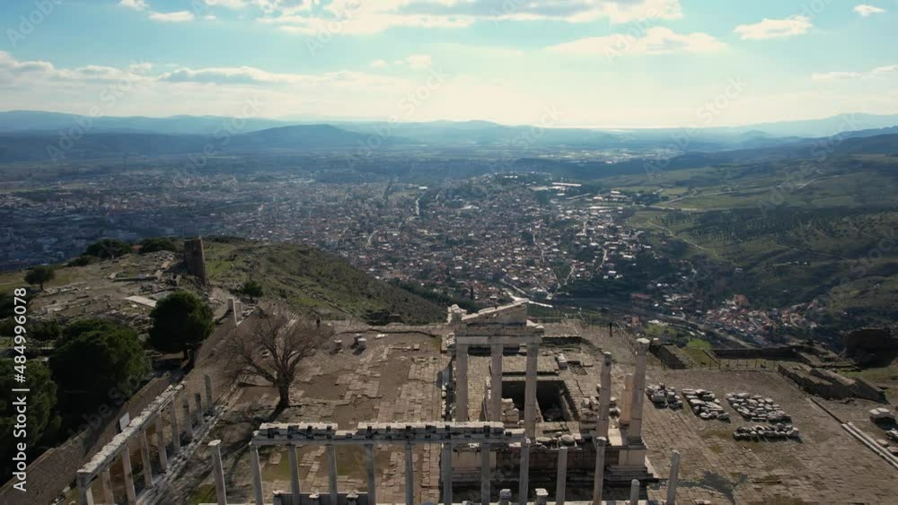 AERIAL 4K: Pergamon, Ruins of Ancient Temple of Trajan and Amphitheater ...